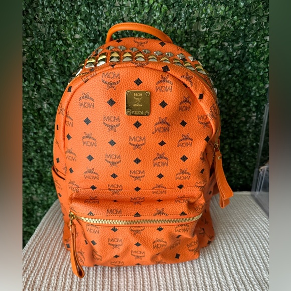 MCM | Bags | Mcm Orange Large Studded Backpack Authentic | Poshmark